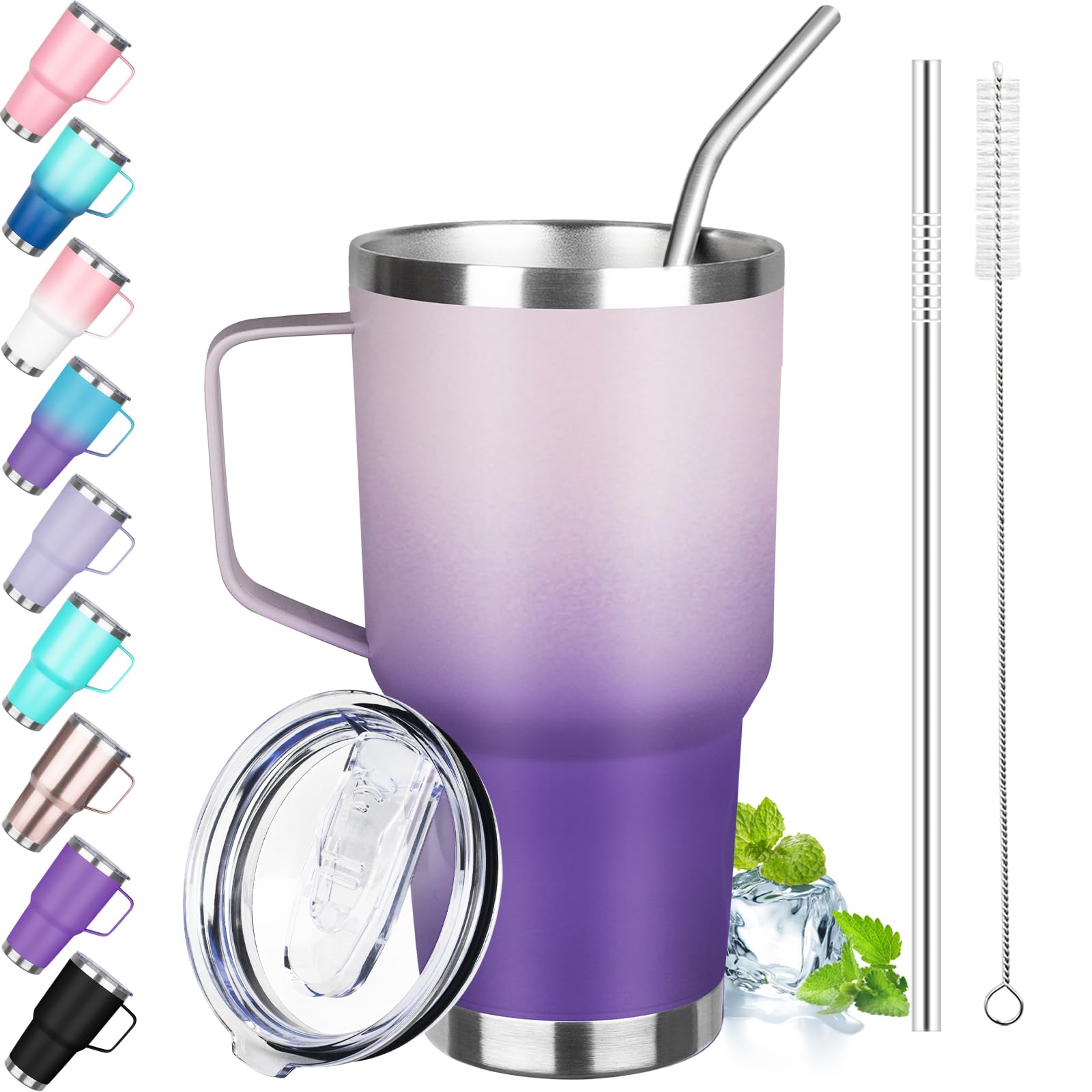 30 oz Tumbler with Handle, Stainless Steel Insulated Tumbler with Lid and Straw, Double Wall Vacuum Insulated Coffee Mug Tumbler, Insulated Coffee Thermal Cup for Cold and Hot (Light Dark Purple)