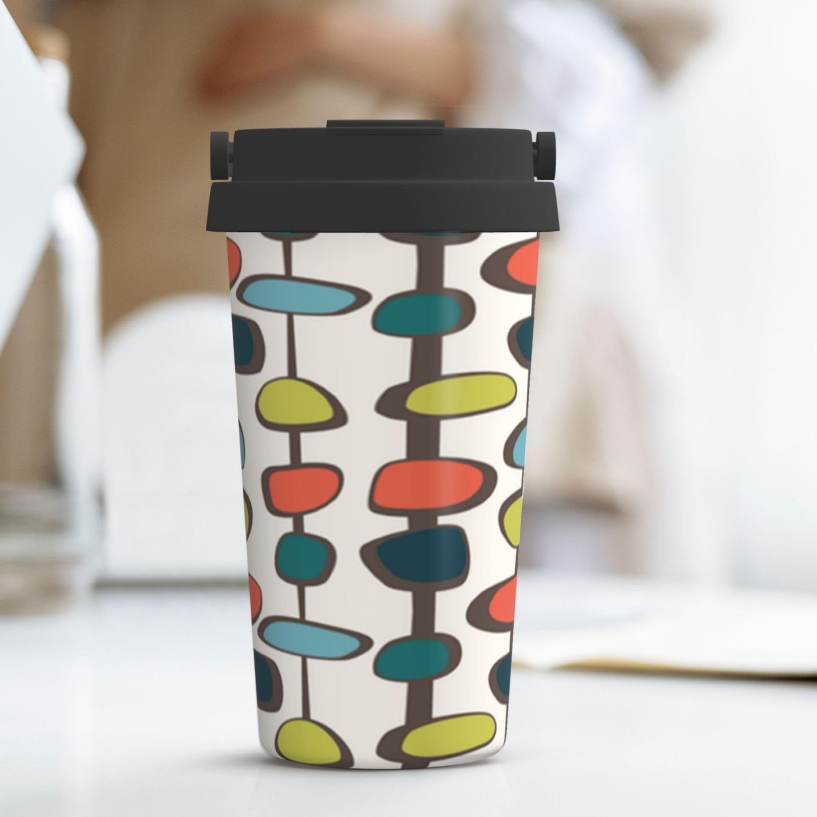 Vacuum Coffee Cup Modern Graph Mid Century Geometric Atomic 16oz Licorice - Leak-Proof Lid For Hot/Cold,Suitable For Office.