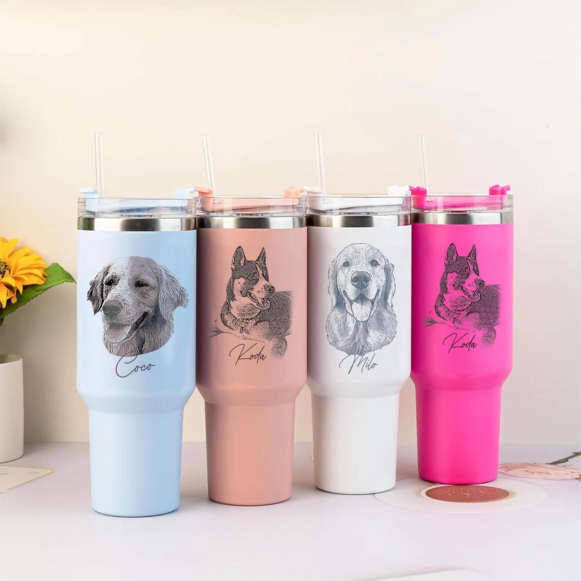Custom Cat, Pets Photo Personalized Tumbler 40 oz Laser Engraved, Insulated Cup with Handle, Lid and Straw, Vacuum Insulated, Coffee Mug, Personalized Gifts For Cat Mom 1