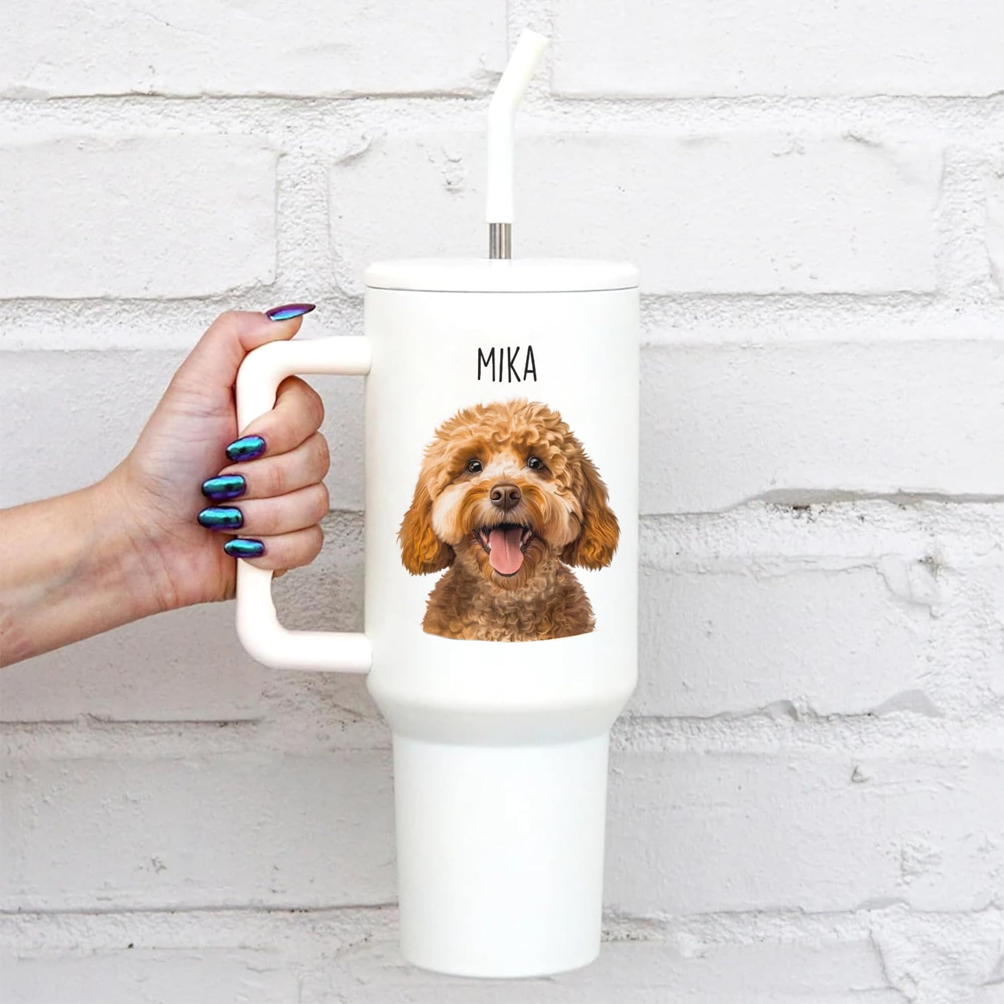 Custom Cat, Pets Photo Personalized Tumbler 40 oz Laser Engraved, Insulated Cup with Handle, Lid and Straw, Vacuum Insulated, Coffee Mug, Personalized Gifts For Cat Mom 3