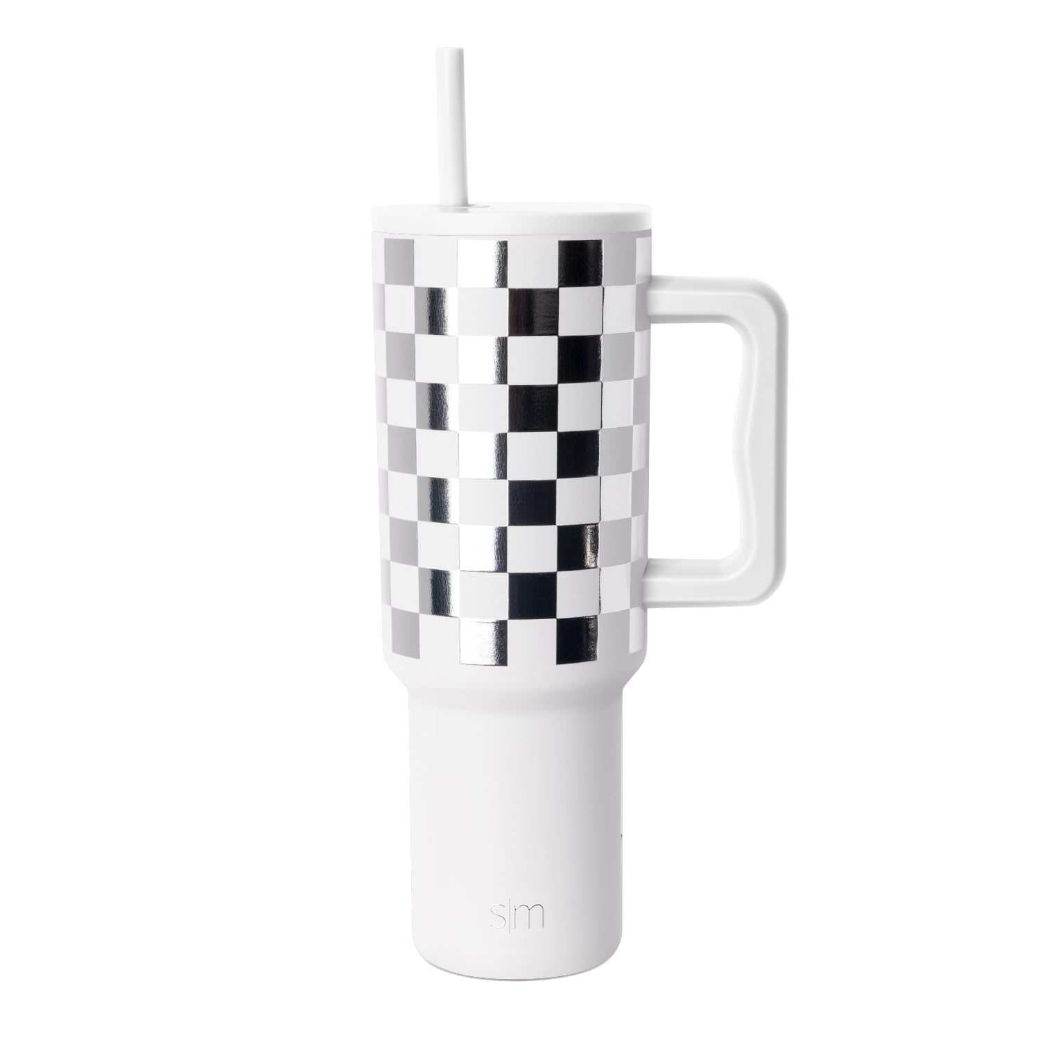 Simple Modern 40 oz Tumbler with Handle and Straw Lid | Insulated Cup Reusable Stainless Steel Travel Water Bottle Cupholder Use | Gifts for Women Him Her | Trek Collection | Silver Bell Checkmate