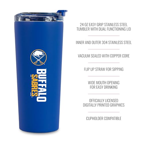 Rico Industries NHL Hockey Buffalo Sabres Royal Blue 24oz Stainless Steel Tumbler with Lid and Dual Functioning Lid