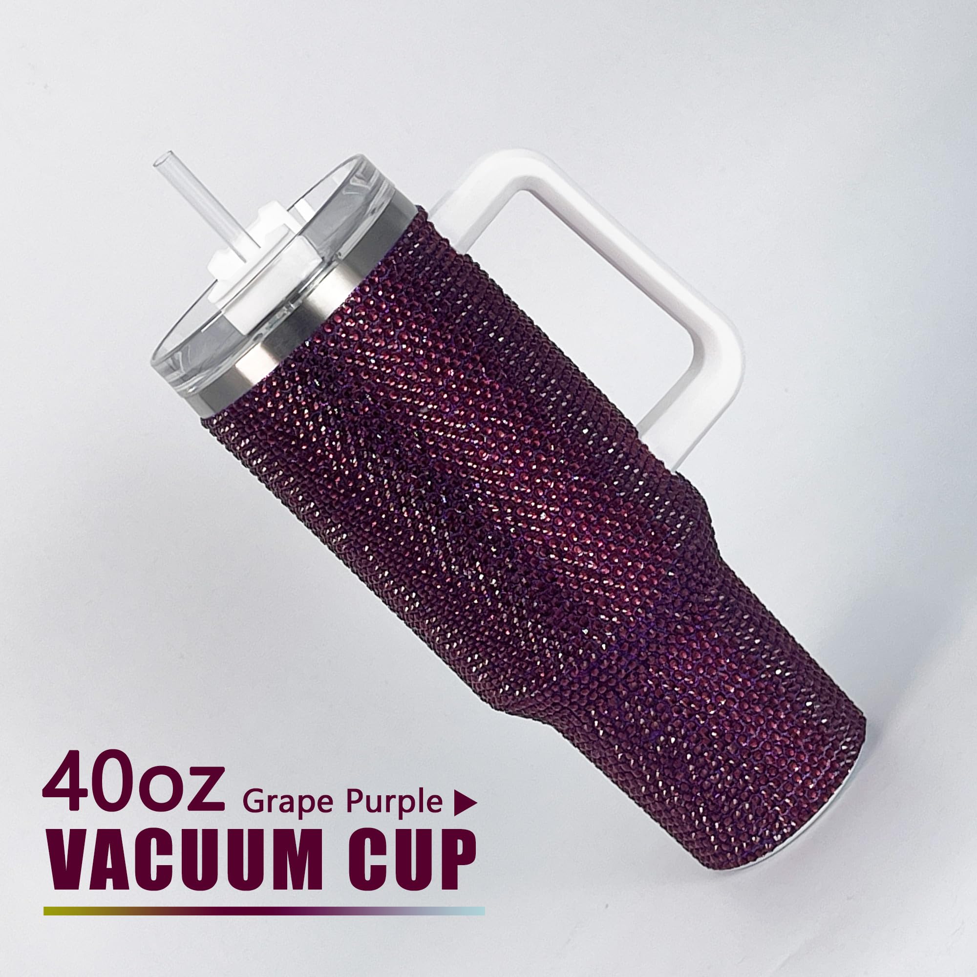 Cupcupmore 40oz Grape Purple Bling Rhinestone Stainless Steel Sippy Tumbler Glitter Vacuum Insulated Water Bottle with Straw & Lid &Handle,Thermos for Hot & Cold Drinks,Car Cup Holder,Coffee