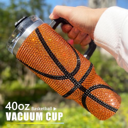 Cupcupmore 40oz Basketball Bling Rhinestone Stainless Steel Sippy Tumbler Glitter Vacuum Insulated Water Bottle with Straw & Lid &Handle,Thermos for Hot & Cold Drinks,Car Cup Holder,Coffee