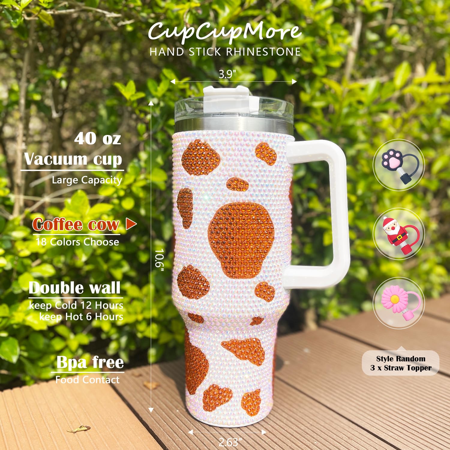 Cupcupmore 40oz Coffee Cow Bling Rhinestone Stainless Steel Sippy Tumbler Glitter Vacuum Insulated Water Bottle with Straw & Lid & Handle,Thermos for Hot & Cold Drinks,Car Cup Holder,Coffee