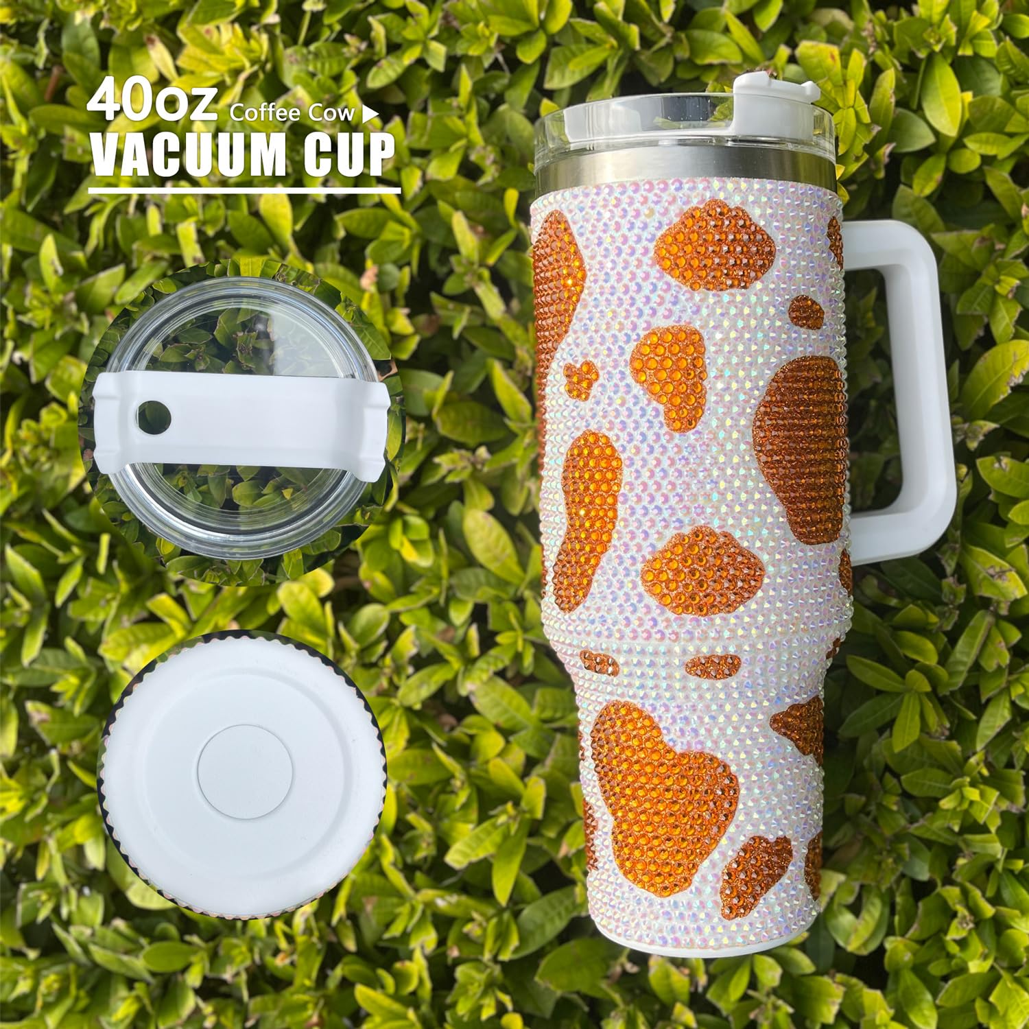 Cupcupmore 40oz Coffee Cow Bling Rhinestone Stainless Steel Sippy Tumbler Glitter Vacuum Insulated Water Bottle with Straw & Lid & Handle,Thermos for Hot & Cold Drinks,Car Cup Holder,Coffee
