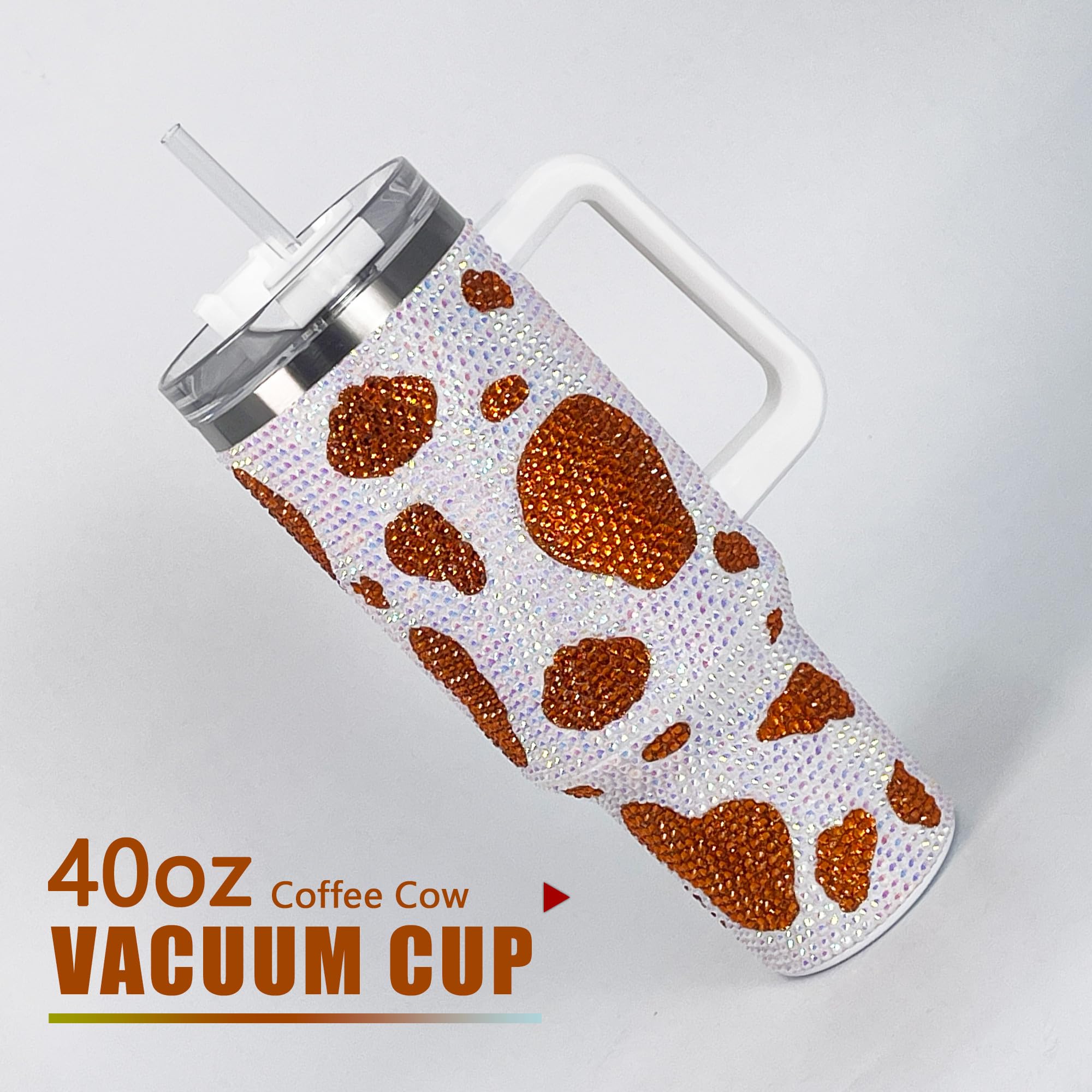 Cupcupmore 40oz Coffee Cow Bling Rhinestone Stainless Steel Sippy Tumbler Glitter Vacuum Insulated Water Bottle with Straw & Lid & Handle,Thermos for Hot & Cold Drinks,Car Cup Holder,Coffee