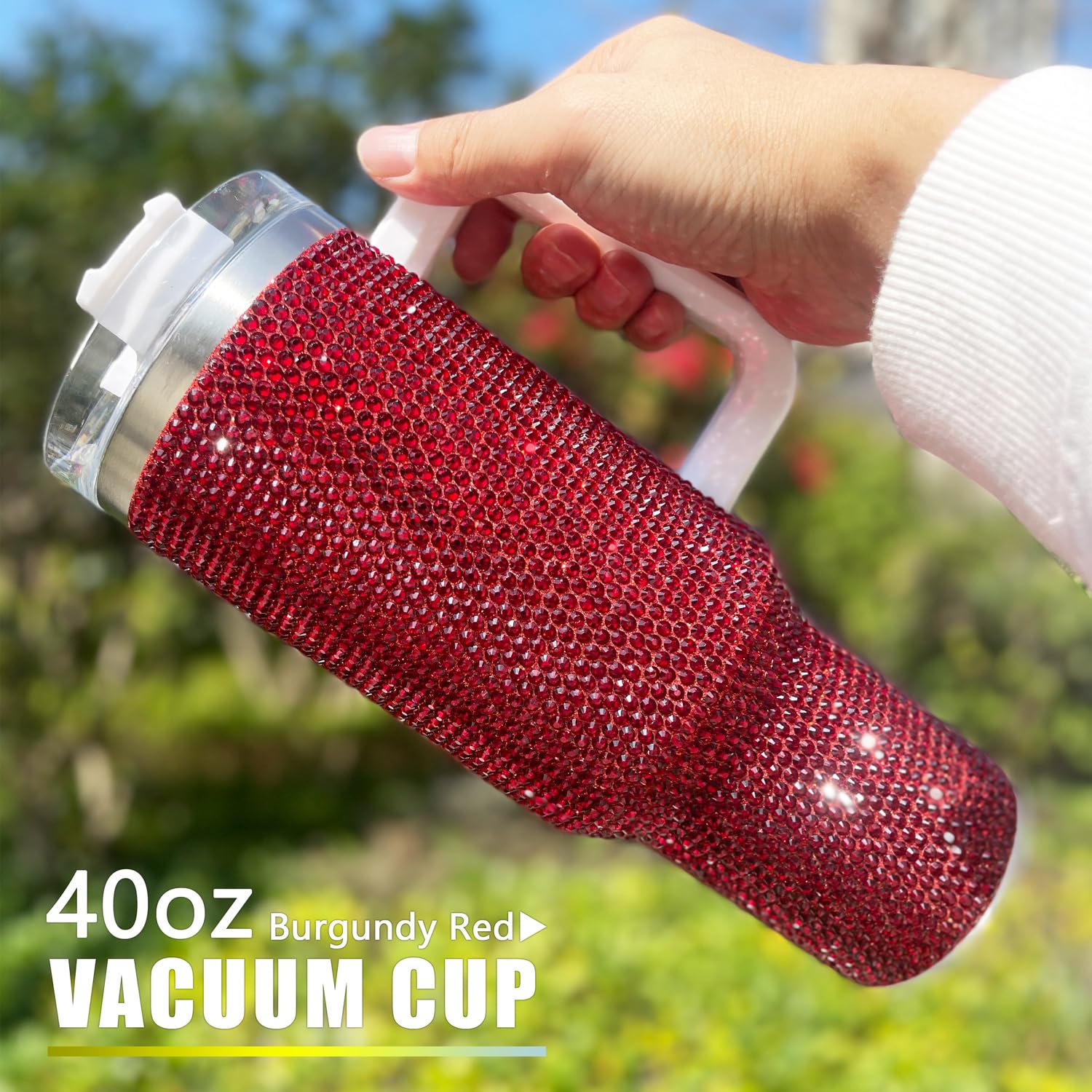 Cupcupmore 40oz Burgundy Red Bling Rhinestone Stainless Steel Sippy Tumbler Glitter Vacuum Insulated Water Bottle with Straw & Lid &Handle,Thermos for Hot & Cold Drinks,Car Cup Holder,Coffee