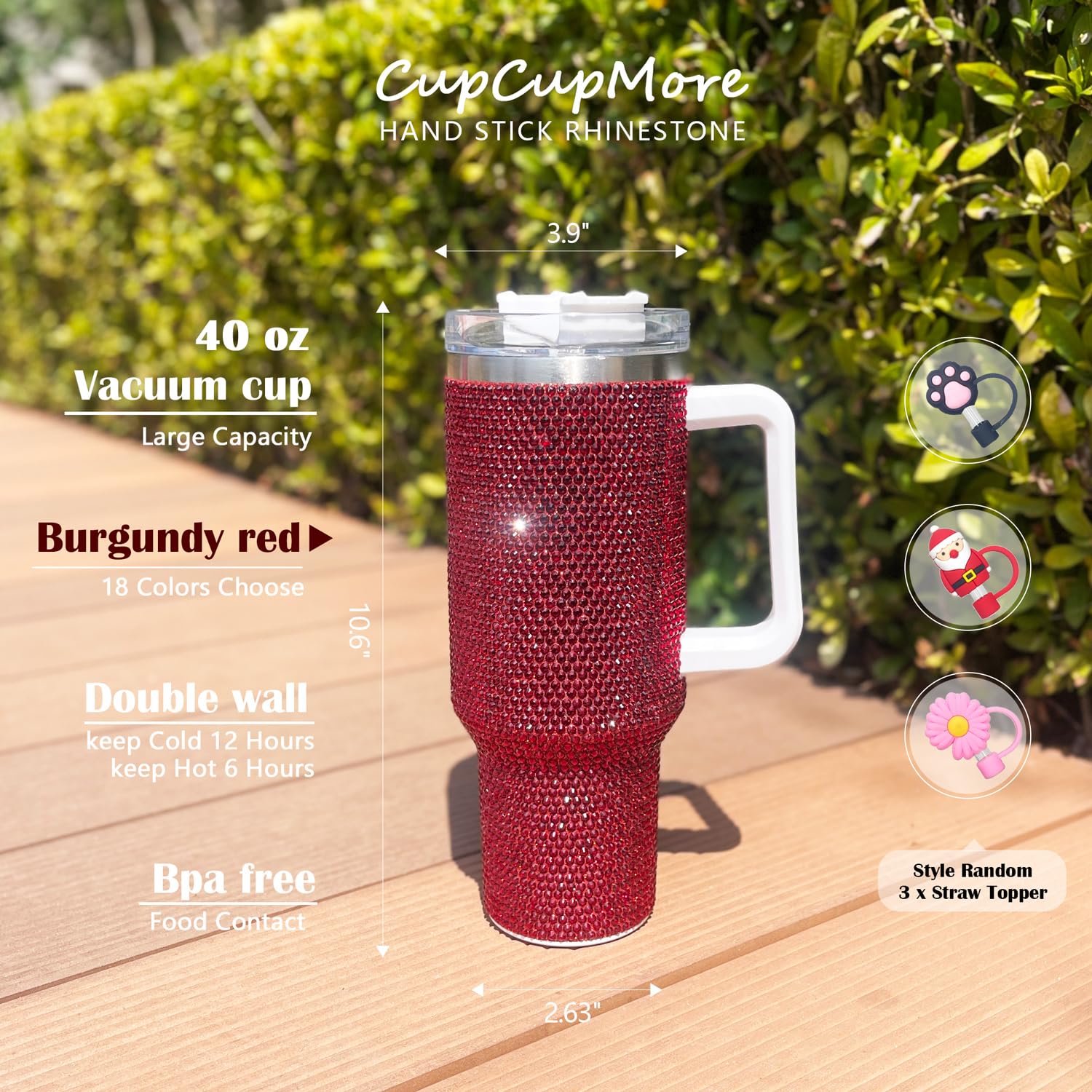 Cupcupmore 40oz Burgundy Red Bling Rhinestone Stainless Steel Sippy Tumbler Glitter Vacuum Insulated Water Bottle with Straw & Lid &Handle,Thermos for Hot & Cold Drinks,Car Cup Holder,Coffee