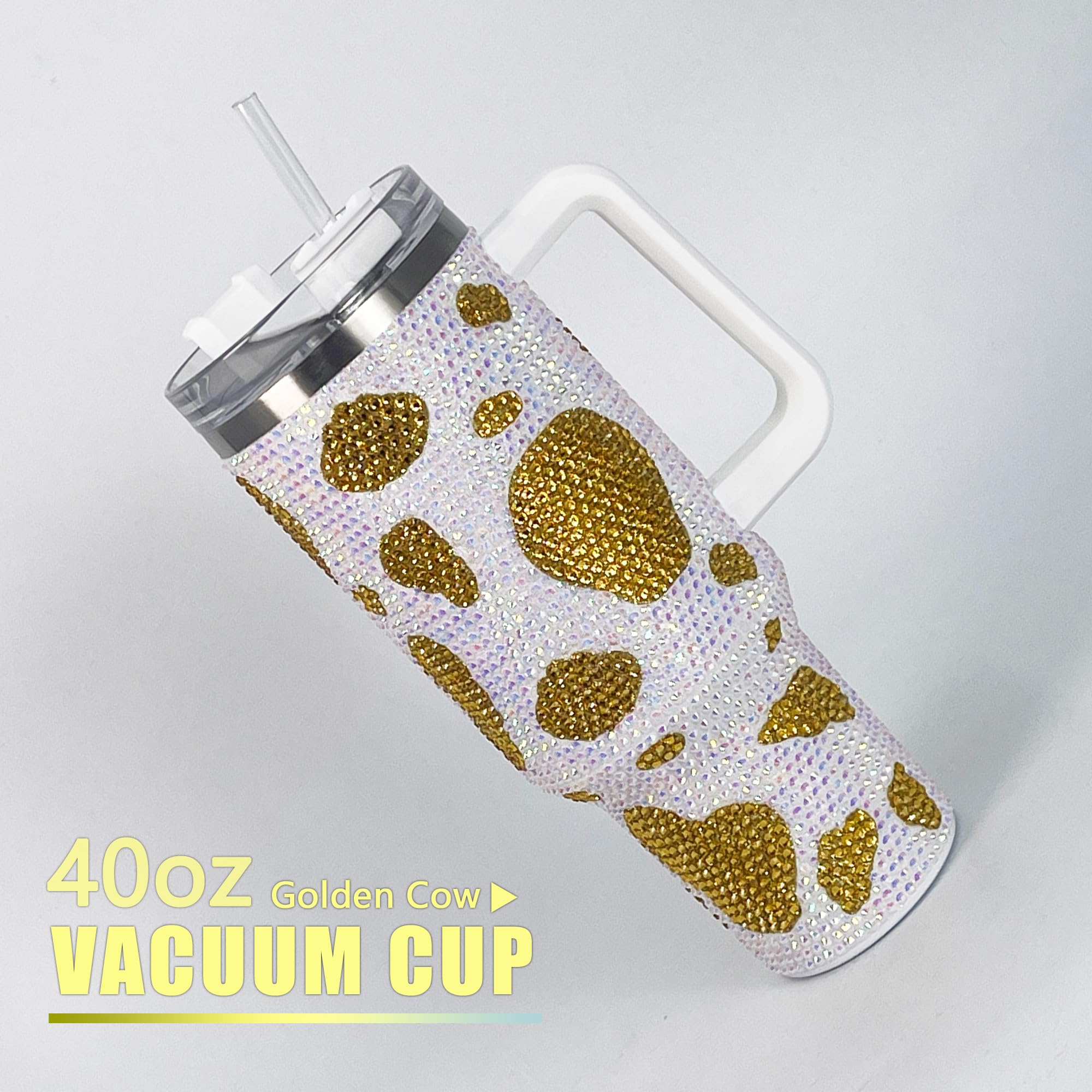 Cupcupmore 40oz Golden Cow Bling Rhinestone Stainless Steel Sippy Tumbler Glitter Vacuum Insulated Water Bottle with Straw & Lid & Handle,Thermos for Hot & Cold Drinks,Car Cup Holder,Coffee
