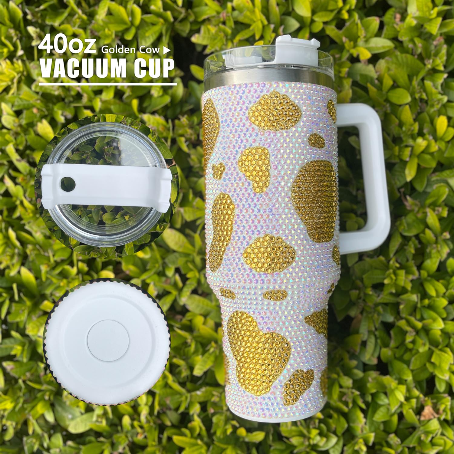 Cupcupmore 40oz Golden Cow Bling Rhinestone Stainless Steel Sippy Tumbler Glitter Vacuum Insulated Water Bottle with Straw & Lid & Handle,Thermos for Hot & Cold Drinks,Car Cup Holder,Coffee