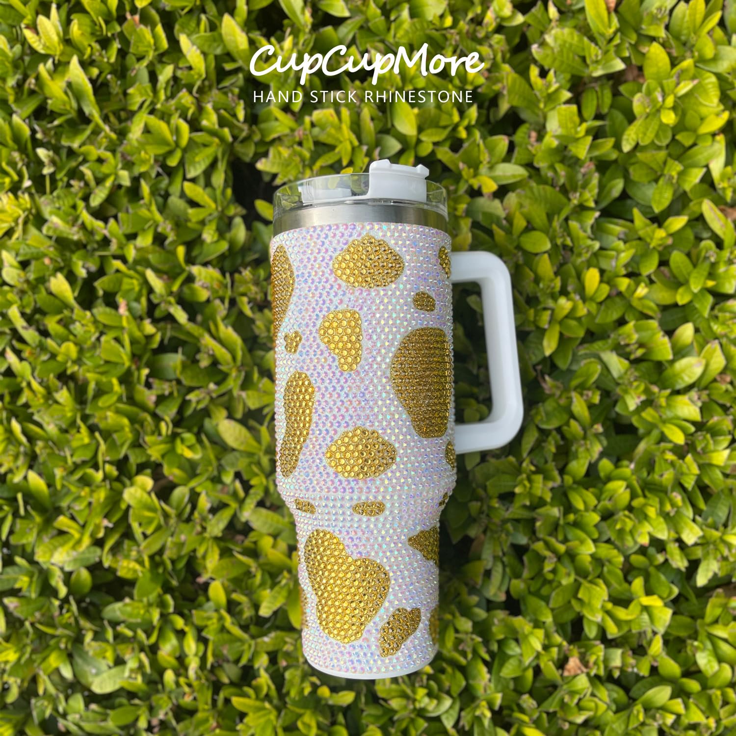 Cupcupmore 40oz Golden Cow Bling Rhinestone Stainless Steel Sippy Tumbler Glitter Vacuum Insulated Water Bottle with Straw & Lid & Handle,Thermos for Hot & Cold Drinks,Car Cup Holder,Coffee