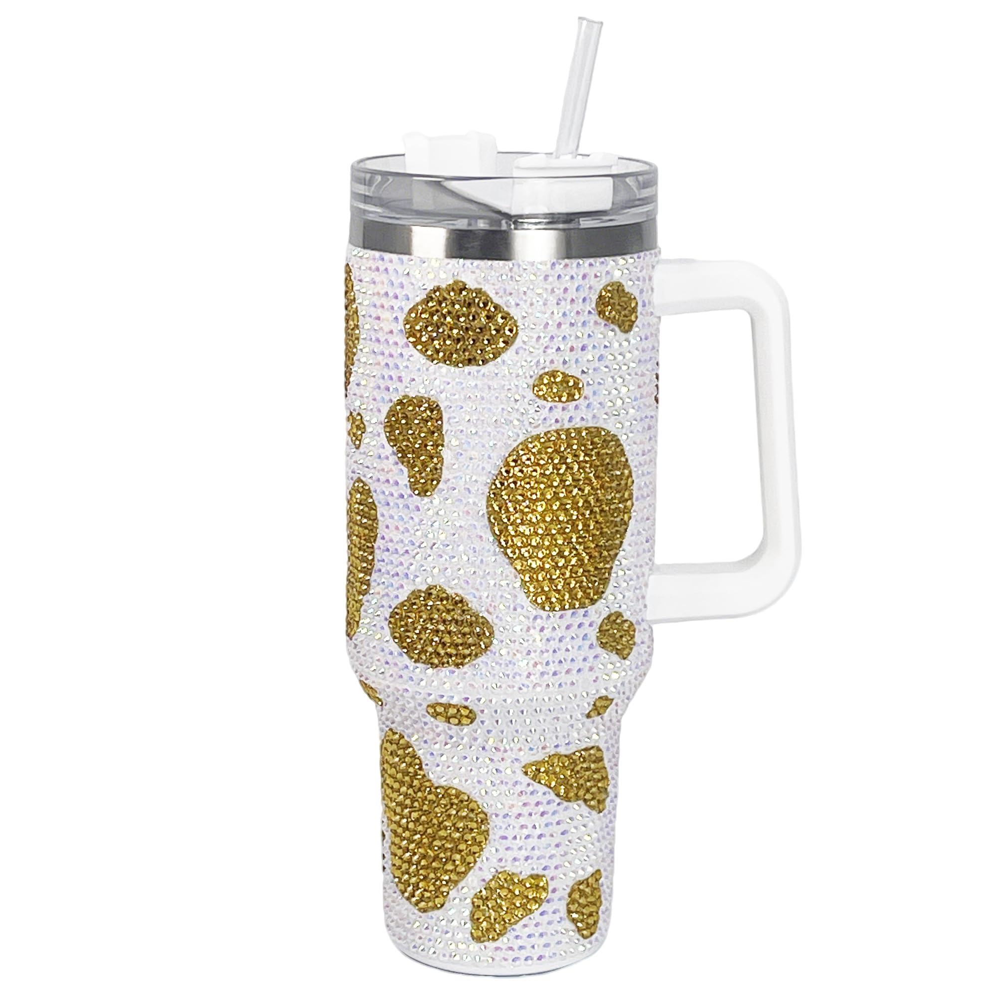 Cupcupmore 40oz Golden Cow Bling Rhinestone Stainless Steel Sippy Tumbler Glitter Vacuum Insulated Water Bottle with Straw & Lid & Handle,Thermos for Hot & Cold Drinks,Car Cup Holder,Coffee