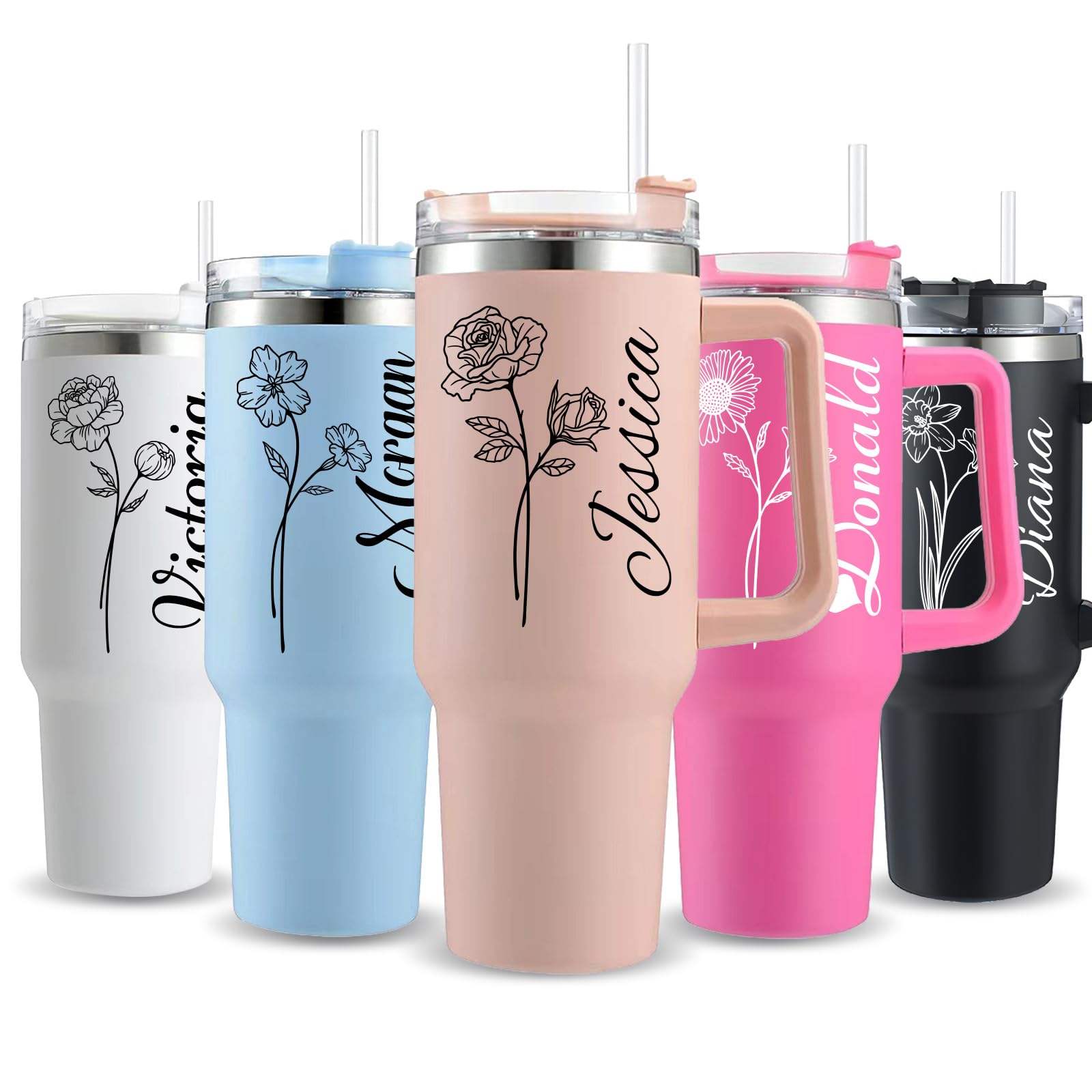 Personalized Tumbler with Birth Month Flower, Custom Tumbler with Name Insulated Cup Reusable Stainless Steel Water Bottle Travel Mug Mother Birthday Gifts for Women