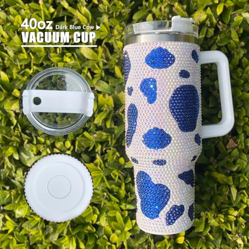 Cupcupmore 40oz Dark Blue Cow Bling Rhinestone Stainless Steel Sippy Tumbler Glitter Vacuum Insulated Water Bottle with Straw & Lid & Handle,Thermos for Hot & Cold Drinks,Car Cup Holder,Coffee
