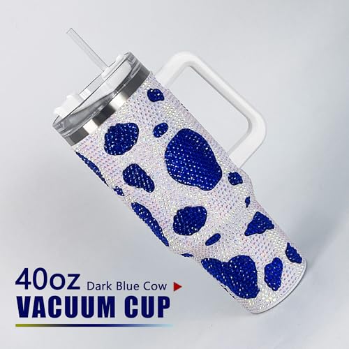 Cupcupmore 40oz Dark Blue Cow Bling Rhinestone Stainless Steel Sippy Tumbler Glitter Vacuum Insulated Water Bottle with Straw & Lid & Handle,Thermos for Hot & Cold Drinks,Car Cup Holder,Coffee