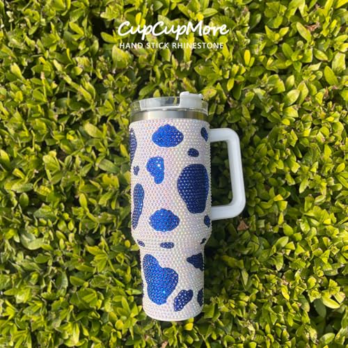 Cupcupmore 40oz Dark Blue Cow Bling Rhinestone Stainless Steel Sippy Tumbler Glitter Vacuum Insulated Water Bottle with Straw & Lid & Handle,Thermos for Hot & Cold Drinks,Car Cup Holder,Coffee