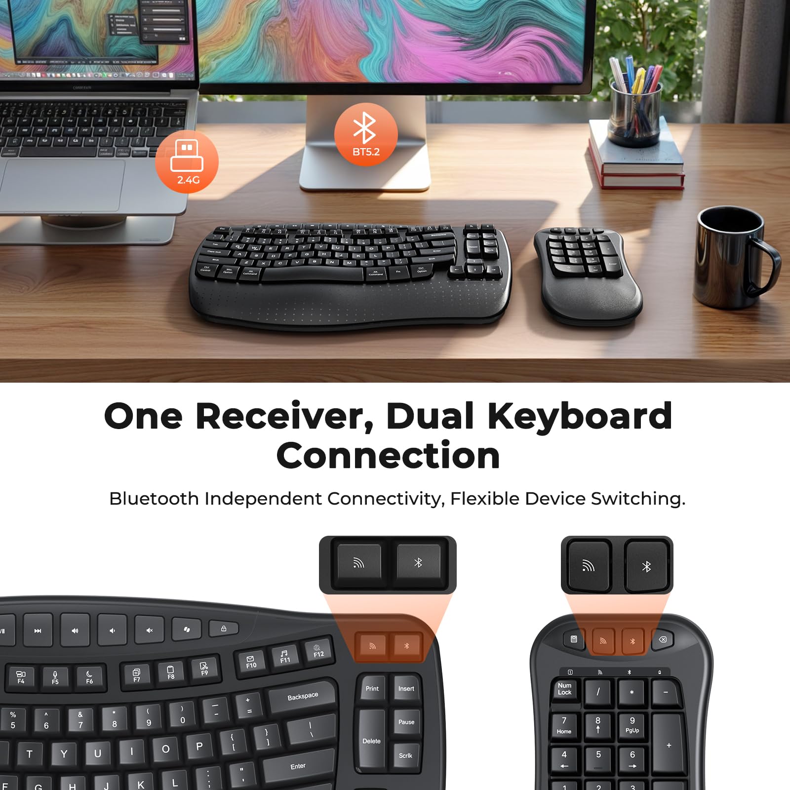 MEETION Ergonomic Wireless Keyboard with Separate Numeric Keypad, Wave Flexible 2-in-1 Setup for Multi-Device, 2.4G/Bluetooth Split Design with Wrist Rest for Accountants/Data Entry/Left-Handed User