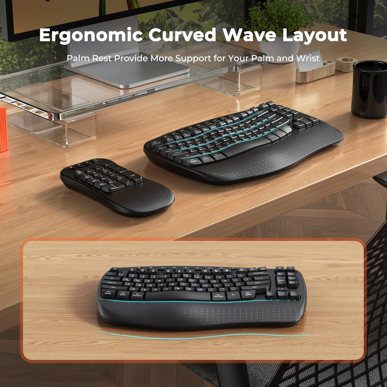 MEETION Ergonomic Wireless Keyboard with Separate Numeric Keypad, Wave Flexible 2-in-1 Setup for Multi-Device, 2.4G/Bluetooth Split Design with Wrist Rest for Accountants/Data Entry/Left-Handed User