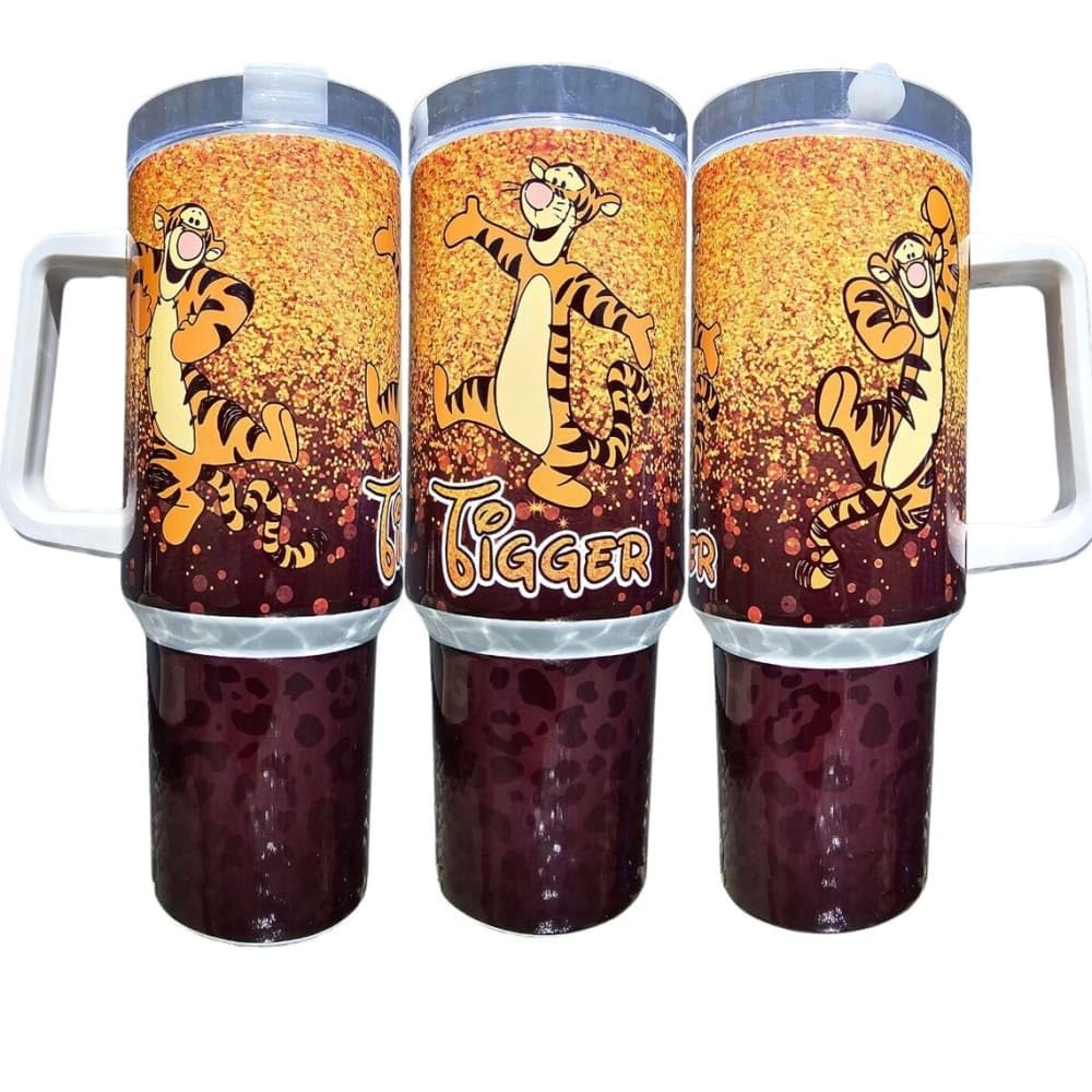 Bear Cartoon Movie Tigger Character Dancing Glitter Leopard Tumbler 40 Oz Stainless Steel With Handle And Straw, 40oz Tumbler Maintains Cold Heat and Ice for Hours