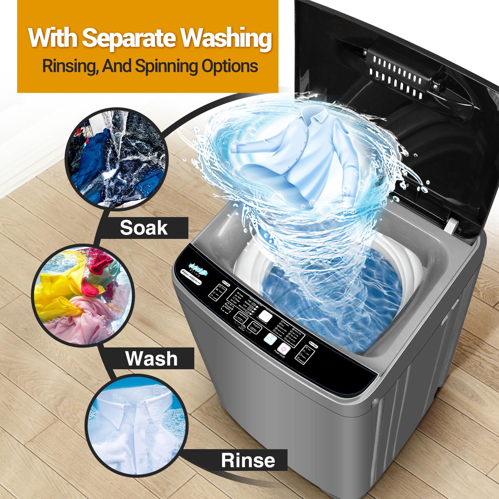 BORCOLO Portable Washing Machine, 17.7lbs Full-Automatic Small Washing Machine for Apartment, 10 Wash Programs with Drain Hose Dorm Size Portable Washer for RV, Home, College, Grey