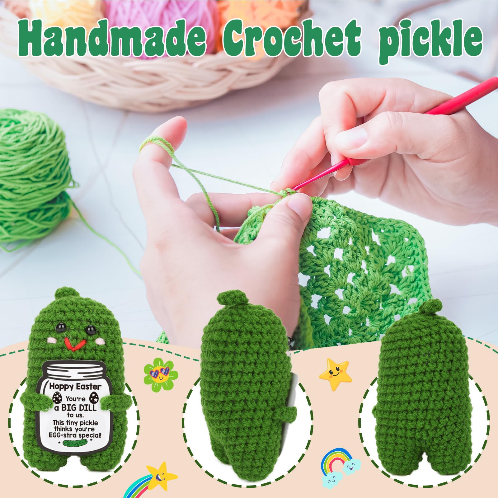 Hoppy Easter Pickle Plush - You're a Big Dill! Funny Crochet Pickle Doll, Handmade Easter Basket Stuffers for Teens, Unique Easter Eggs Fillers, Cute Easter Gifts Toys 5 Inch