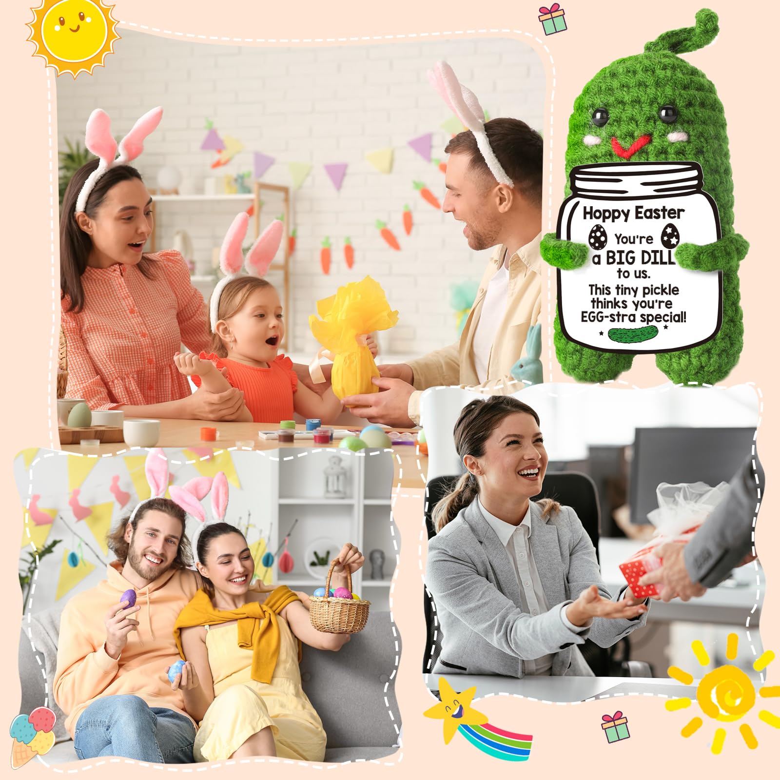 Hoppy Easter Pickle Plush - You're a Big Dill! Funny Crochet Pickle Doll, Handmade Easter Basket Stuffers for Teens, Unique Easter Eggs Fillers, Cute Easter Gifts Toys 5 Inch