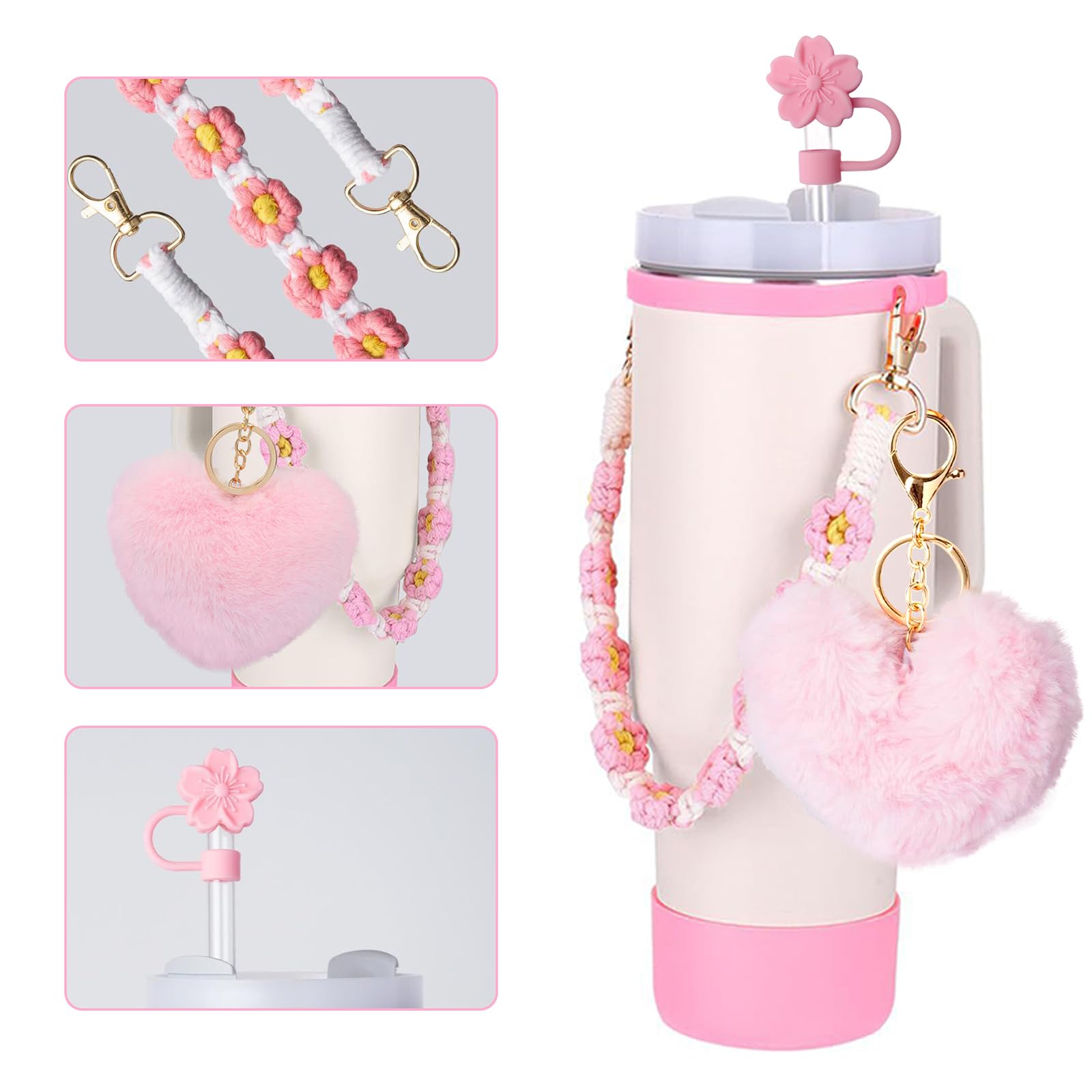 8PCS Cup Accessories Set for Stanley Tumbler 30 oz & 40 oz Cups with Handle, Including Strap,Straw Bow Decorate,Strawv Topper,Silicone Spill-Proof Stopper,Handle Charms,Decor for Boy Girl (white)