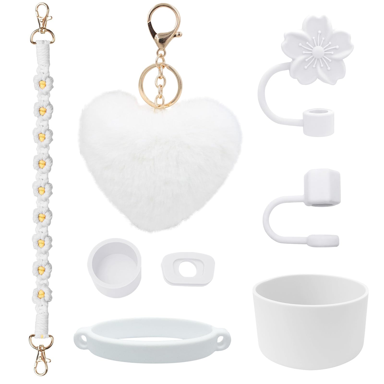 8PCS Cup Accessories Set for Stanley Tumbler 30 oz & 40 oz Cups with Handle, Including Strap,Straw Bow Decorate,Strawv Topper,Silicone Spill-Proof Stopper,Handle Charms,Decor for Boy Girl (white)