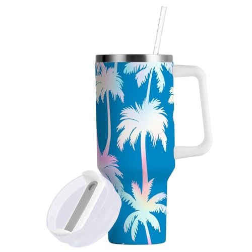 DIGTIA Stainless Steel Insulated Tumbler w/Handle & Straw, Palm Trees Colorful Double Wall Vacuum Travel Coffee Mug Cup w/Lid, Leak-Proof Sports Summer Water Bottle,30oz