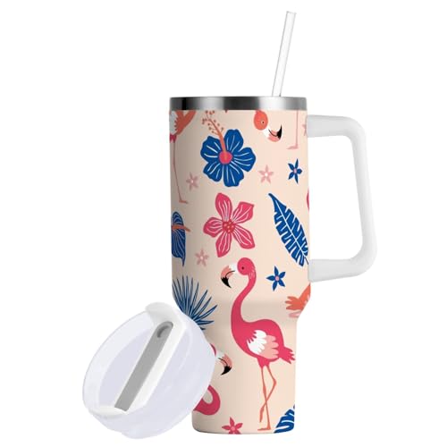 DIGTIA Stainless Steel Insulated Tumbler w/Handle & Straw, Flamingos Palm Tree Double Wall Vacuum Travel Coffee Mug Cup w/Lid, Leak-Proof Sports Tropical Water Bottle,30oz
