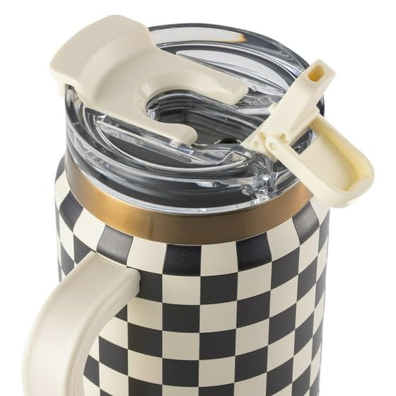 Thymes & Tables Tumbler with Handle, Dual Straw Lid, Stainless Steel Double Wall Insulated, Cream & Black, 32oz