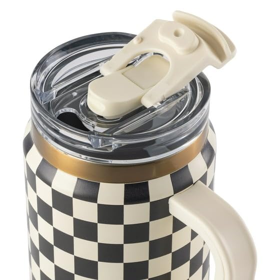 Thymes & Tables Tumbler with Handle, Dual Straw Lid, Stainless Steel Double Wall Insulated, Cream & Black, 32oz