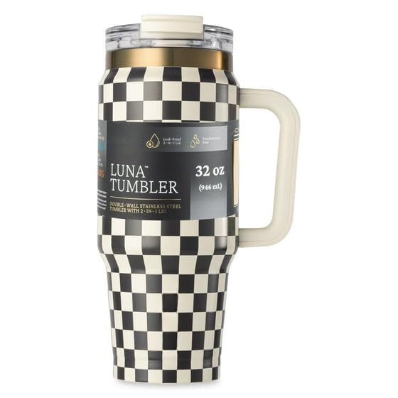 Thymes & Tables Tumbler with Handle, Dual Straw Lid, Stainless Steel Double Wall Insulated, Cream & Black, 32oz