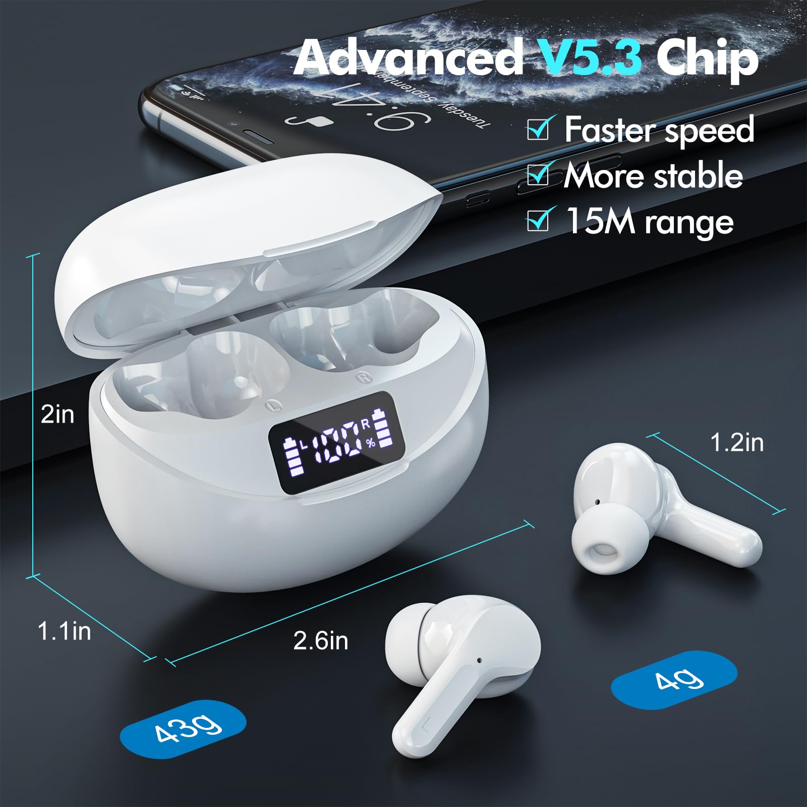 Bcaikair Wireless Earbuds, Bluetooth Headphones 5.3 HiFi Stereo, Wireless Earphones with ENC Noise Cancelling Mic, LED Digital Display in Ear Buds White