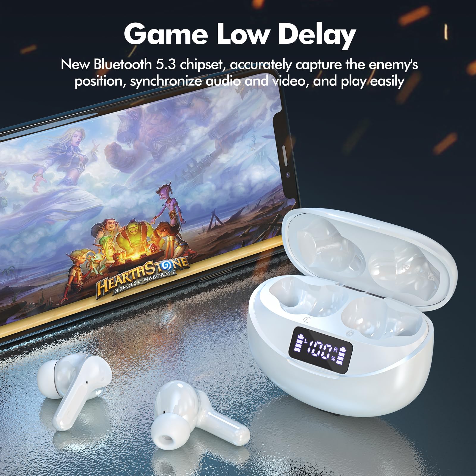 Bcaikair Wireless Earbuds, Bluetooth Headphones 5.3 HiFi Stereo, Wireless Earphones with ENC Noise Cancelling Mic, LED Digital Display in Ear Buds White