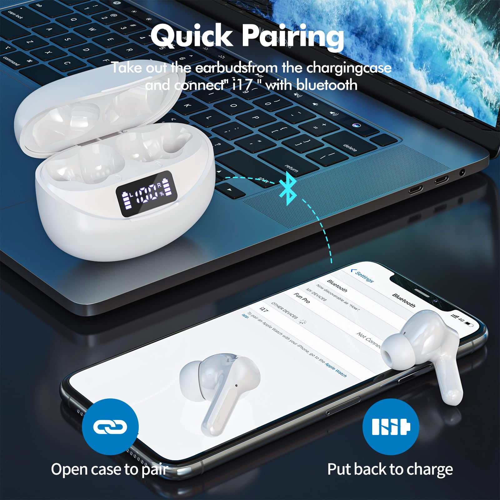 Bcaikair Wireless Earbuds, Bluetooth Headphones 5.3 HiFi Stereo, Wireless Earphones with ENC Noise Cancelling Mic, LED Digital Display in Ear Buds White