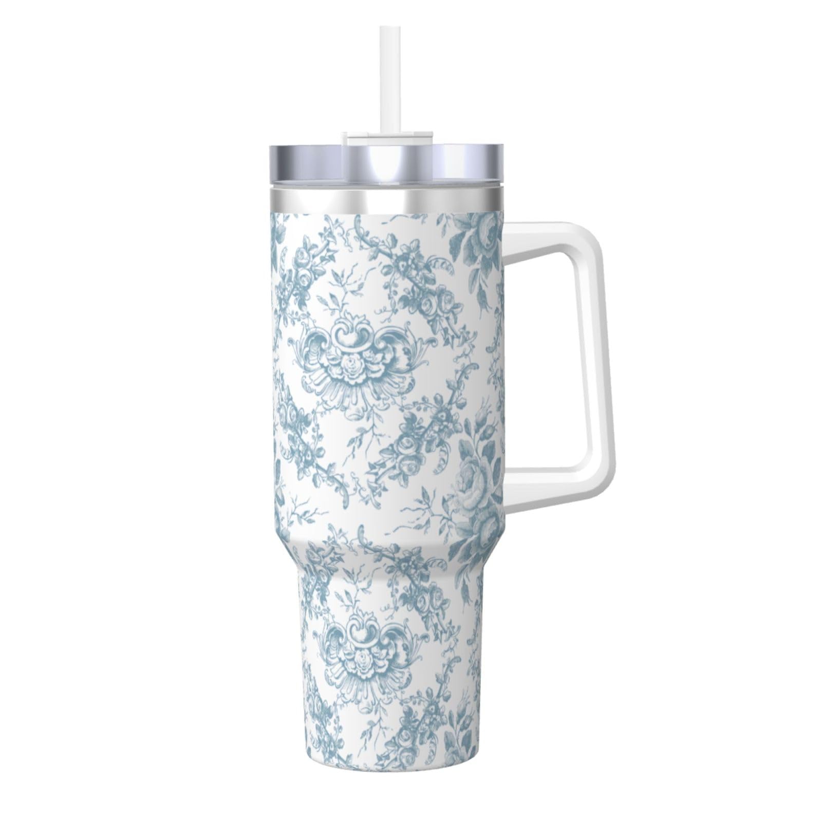 Elegant Engraved Blue And White Floral Toile 40 Oz Tumbler With Handle & Leak-Proof Lid – Car Cup Holder Friendly Hot/Cold Vacuum Insulated Stainless Steel Travel Mug Large Coffee Water Bottle For Car