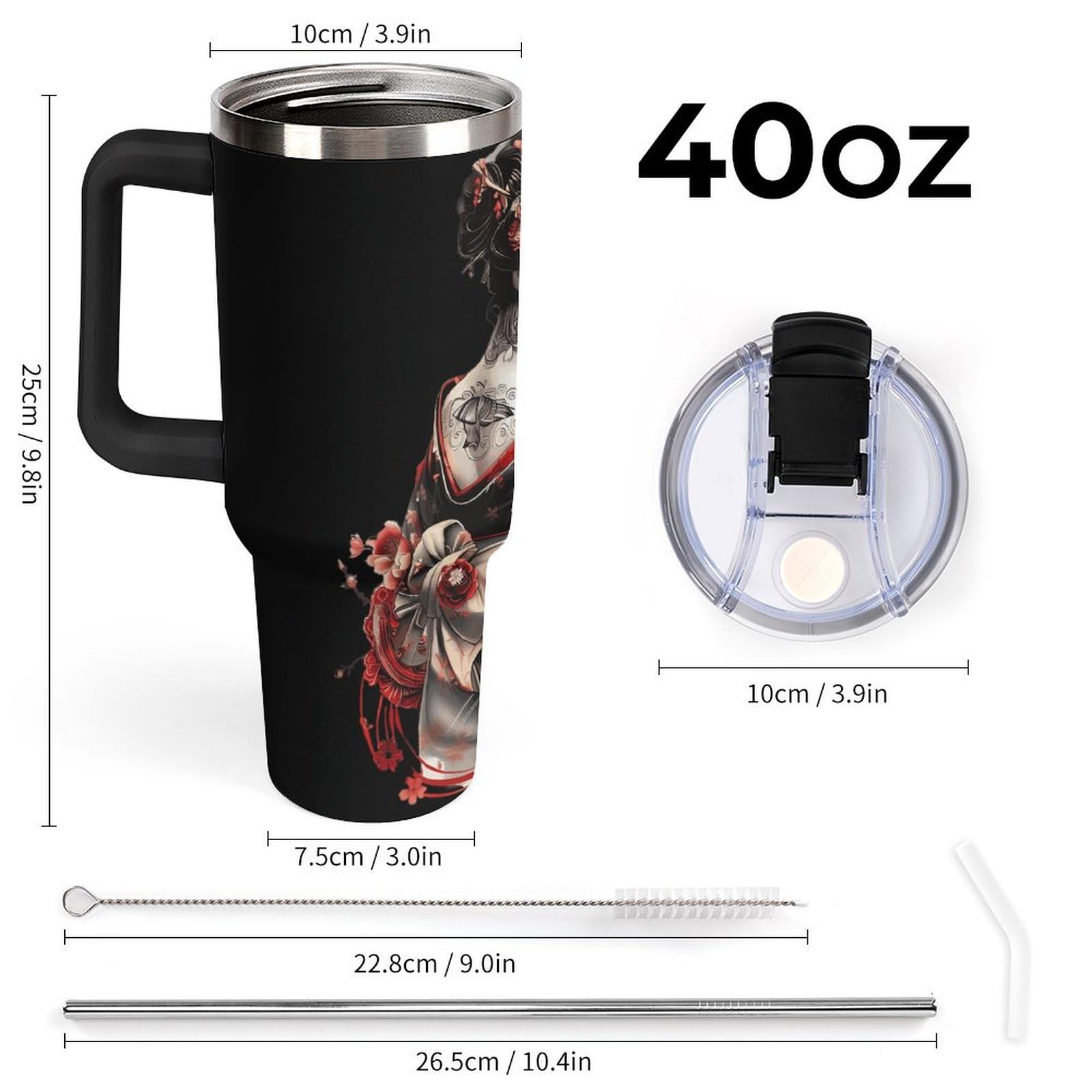 Japanese Geisha Tattoo 40 Oz Tumbler with Handle And Straw Lid Insulated Travel Coffee Mug Large Capacity Car Cup