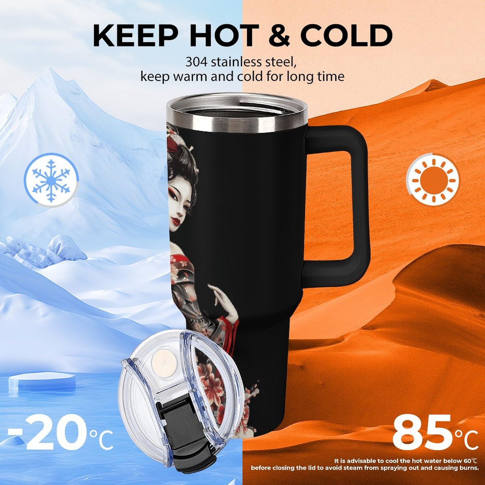 Japanese Geisha Tattoo 40 Oz Tumbler with Handle And Straw Lid Insulated Travel Coffee Mug Large Capacity Car Cup