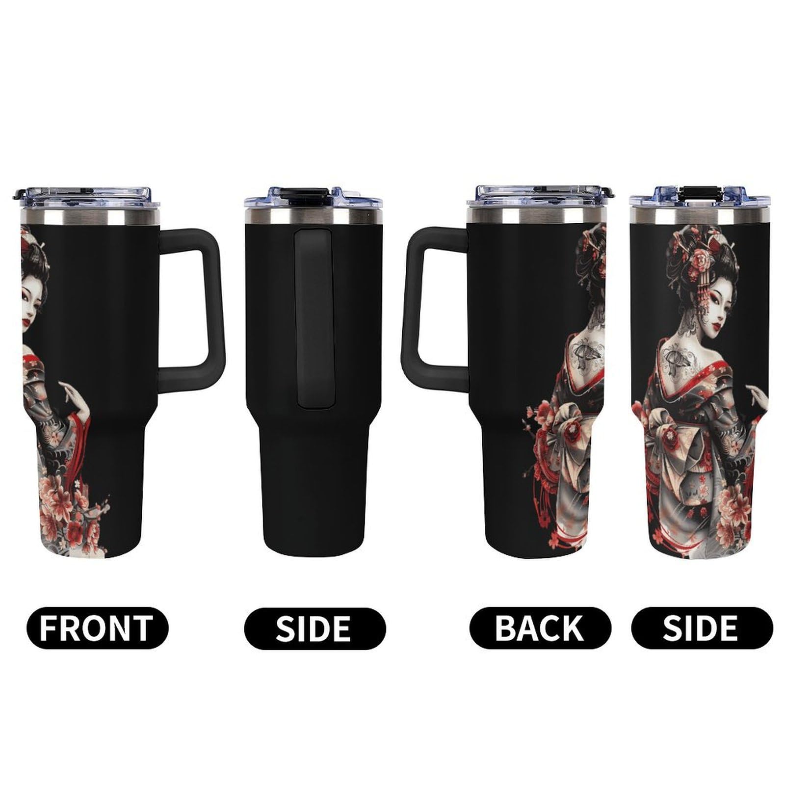 Japanese Geisha Tattoo 40 Oz Tumbler with Handle And Straw Lid Insulated Travel Coffee Mug Large Capacity Car Cup