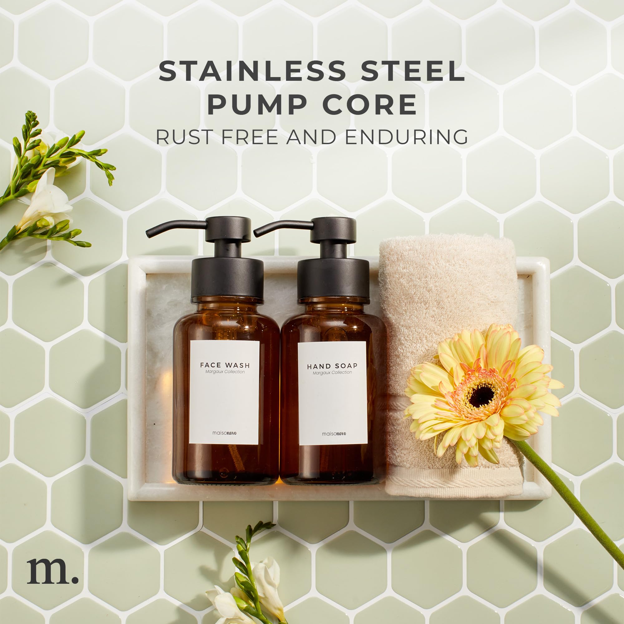 MaisoNovo Glass Foaming Soap Dispenser 14 Oz | Amber Glass Black Pumps x 2 with Tray