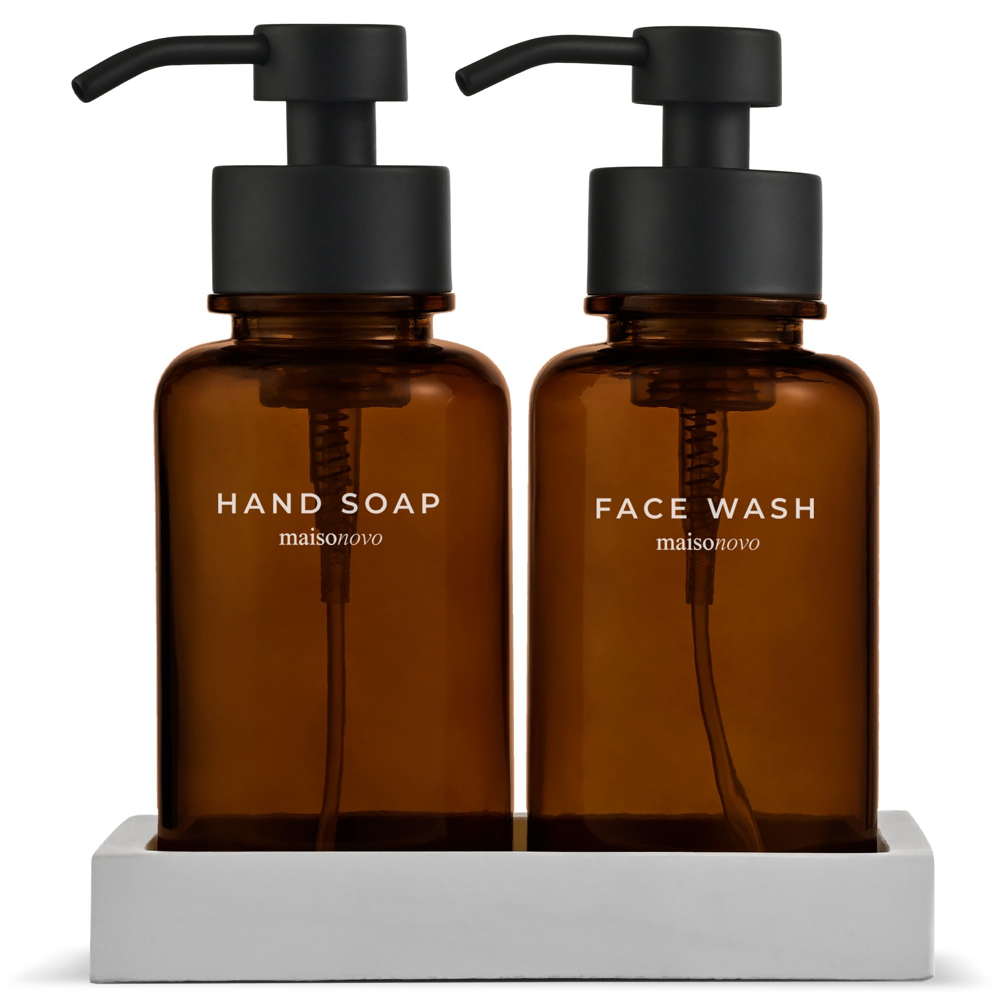 MaisoNovo Glass Foaming Soap Dispenser 14 Oz | Amber Glass Black Pumps x 2 with Tray