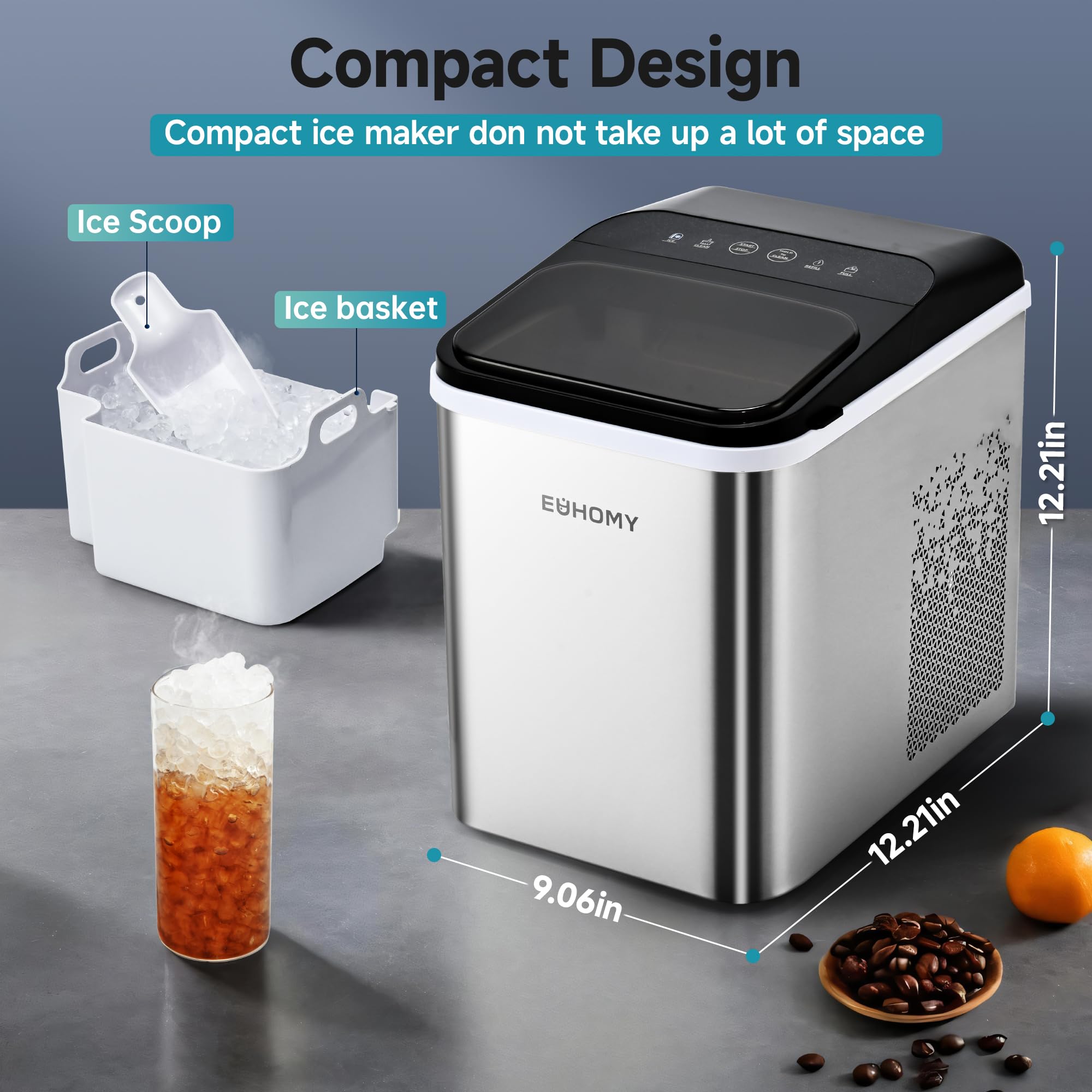 EUHOMY Nugget Ice Maker Countertop, Ready in 8 Mins, 35lbs/24H, Self-Cleaning, Portable Ice Makers Machine with Ice Scoop & Basket, Sonic Ice Maker with Chewable Pellet Ice for Home/Party/RV/Camping