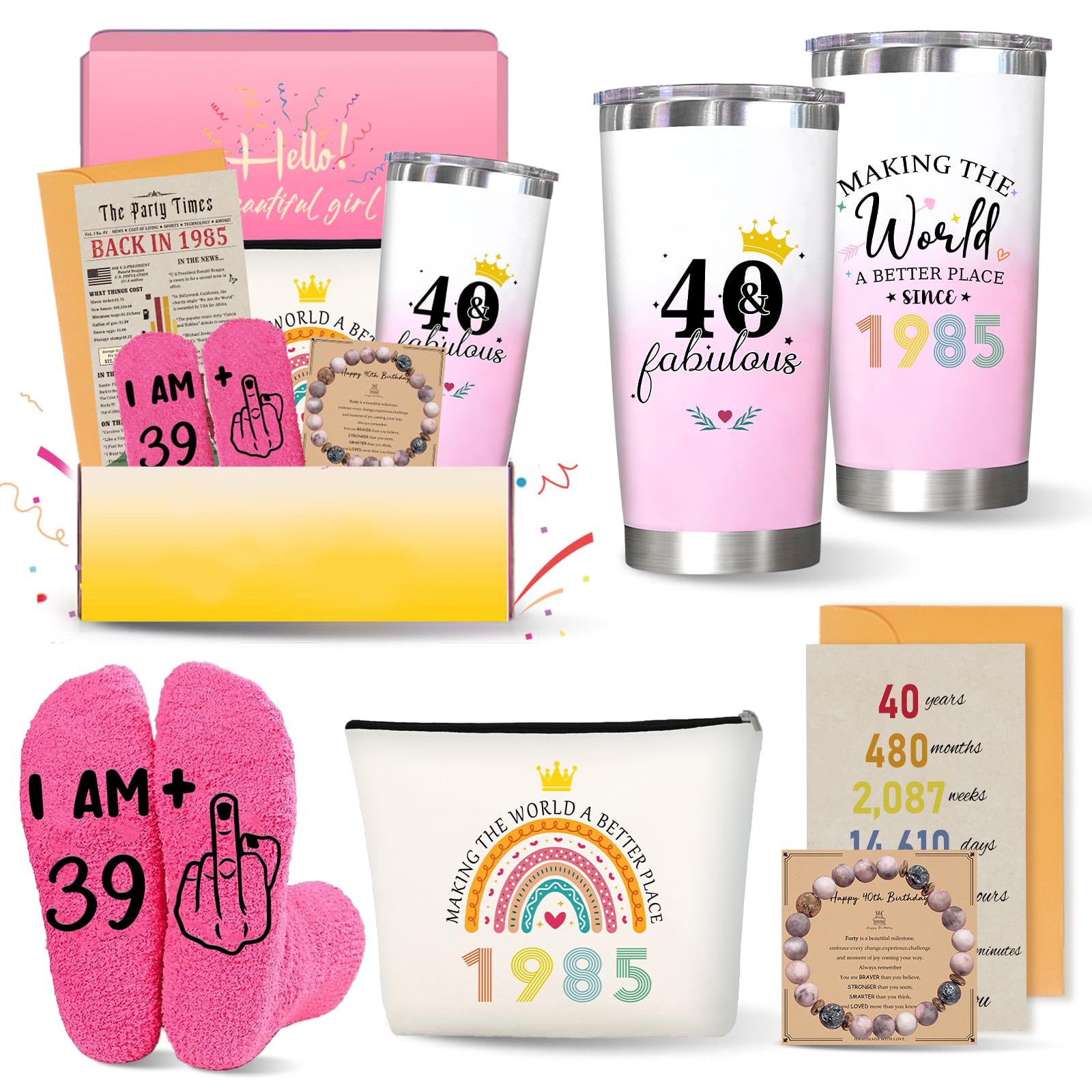 40th 1985 Birthday Gifts for Women, 40 Year Old Birthdays Gift for Woman, Cool Happy Birthday Decorations Presents Basket for Female Turning 40, 40th Fabulous Tumblers Bracelet for Her Mom Wife