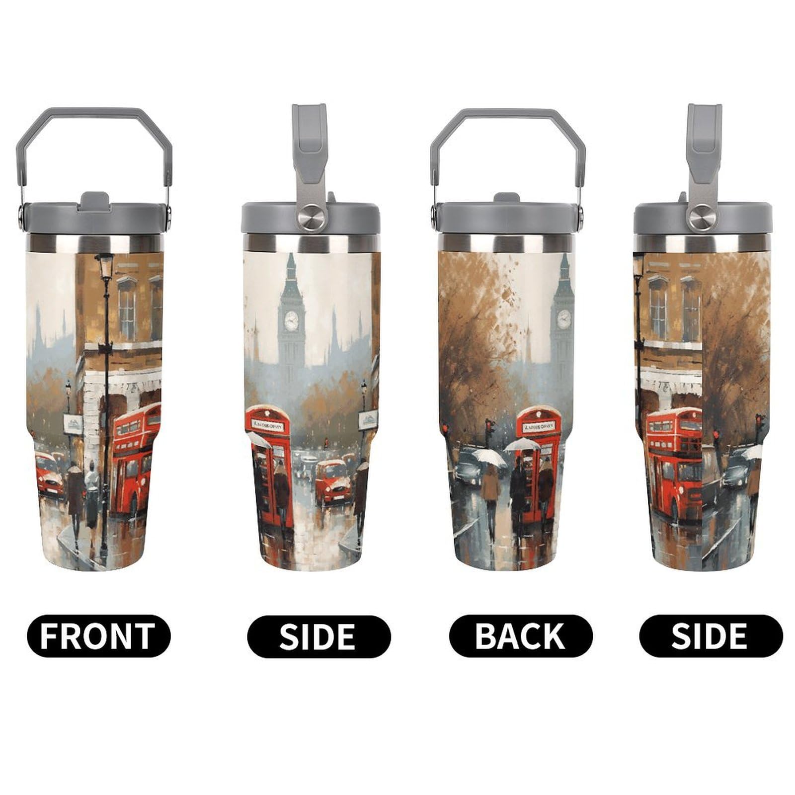London Impression 30oz Stainless Steel Insulated Tumbler with Straw & Foldable Handle - Leakproof, Double-Wall Vacuum Travel Thermos for Hot/Cold Drinks, Non-Slip Base, Fit Cup Holders