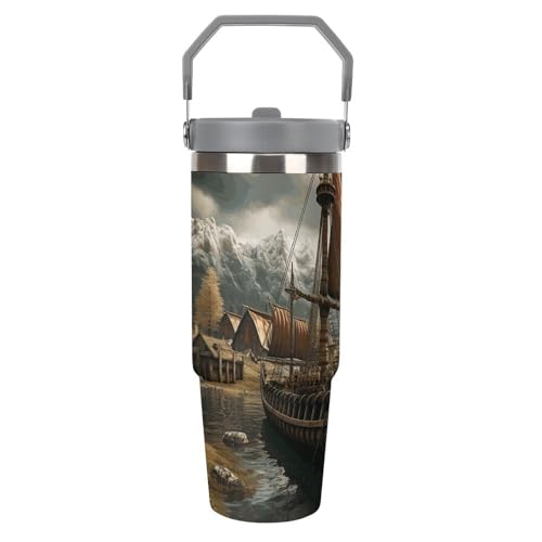 Old Viking Boat 30oz Stainless Steel Insulated Tumbler with Straw & Foldable Handle - Leakproof, Double-Wall Vacuum Travel Thermos for Hot/Cold Drinks, Non-Slip Base, Fit Cup Holders