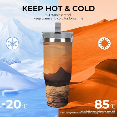 Mountain And Water at Sunset 30oz Stainless Steel Insulated Tumbler with Straw & Foldable Handle - Leakproof, Double-Wall Vacuum Travel Thermos for Hot/Cold Drinks, Non-Slip Base, Fit Cup Holders