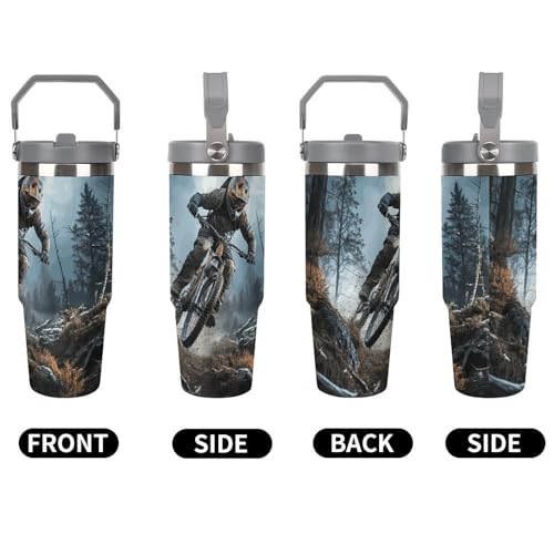 Mountain Bike Tournament 30oz Stainless Steel Insulated Tumbler with Straw & Foldable Handle - Leakproof, Double-Wall Vacuum Travel Thermos for Hot/Cold Drinks, Non-Slip Base, Fit Cup Holders