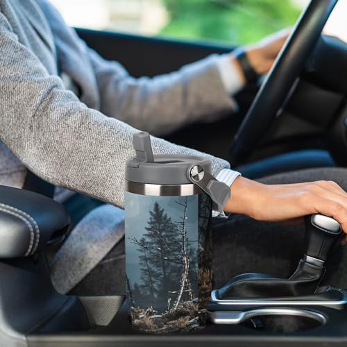 Mountain Bike Tournament 30oz Stainless Steel Insulated Tumbler with Straw & Foldable Handle - Leakproof, Double-Wall Vacuum Travel Thermos for Hot/Cold Drinks, Non-Slip Base, Fit Cup Holders
